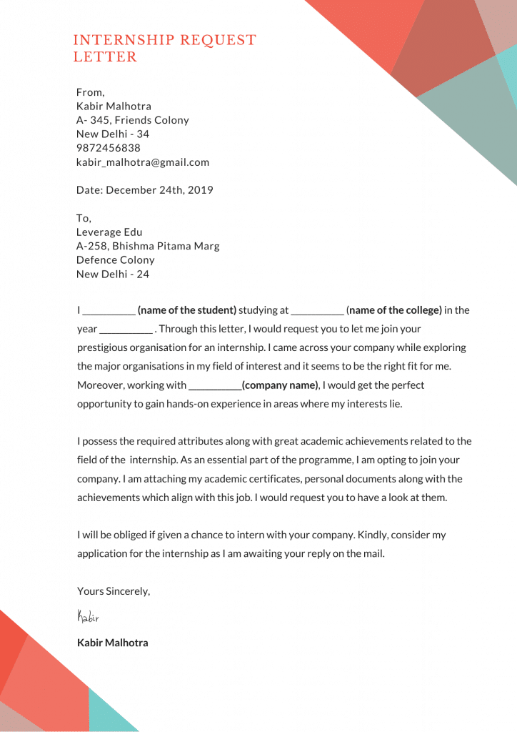 Internship Re Letter From Graduate To Company